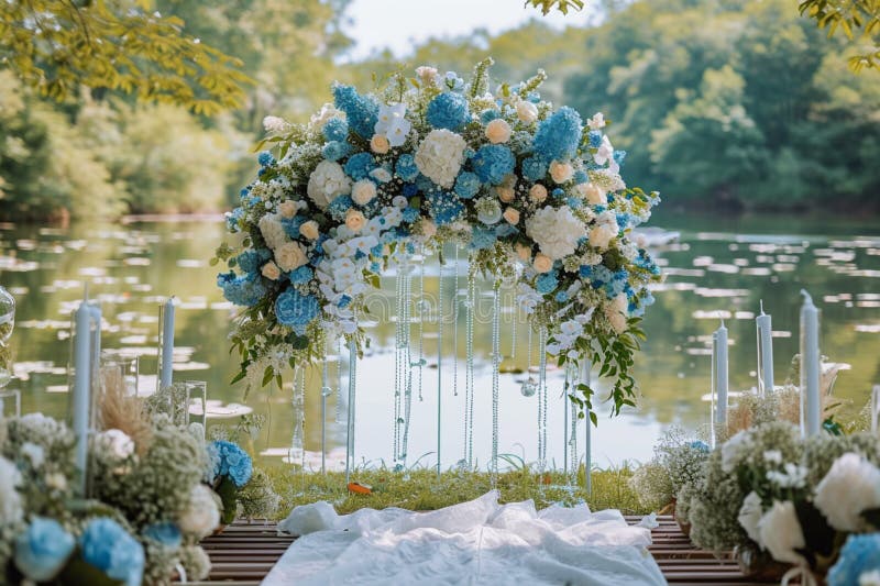 Natures Altar Spring Wedding by the Lake, Blue and White Stock ...