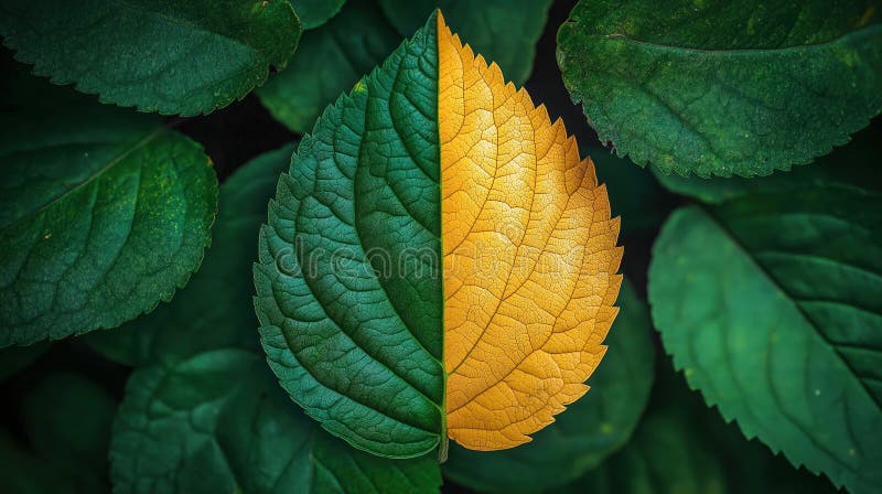 Natures Contrast, Green and Yellow Leaf Split Stock Illustration ...