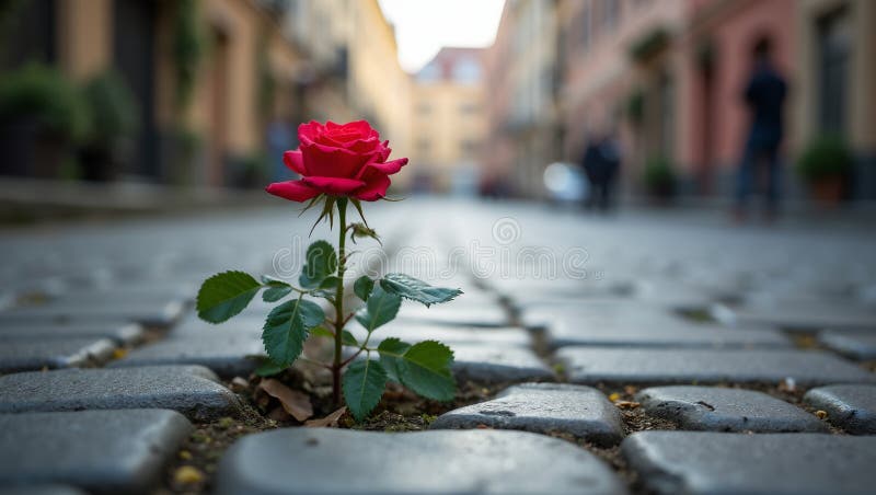 Natures Resilience in Urban Setting Red Rose Budding among Cobblestone ...