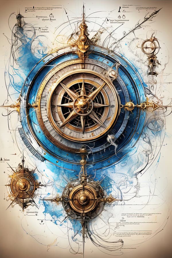 Nautcal Compass Blueprint, Sketch , Technical Drawing. Exploration and ...