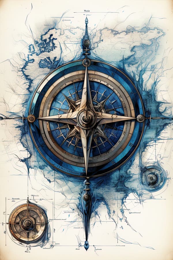 Nautcal Compass Blueprint, Sketch , Technical Drawing. Exploration and ...