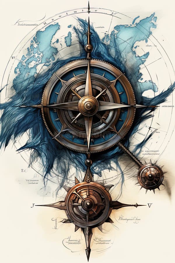 Nautcal Compass Blueprint, Sketch , Technical Drawing. Exploration and ...