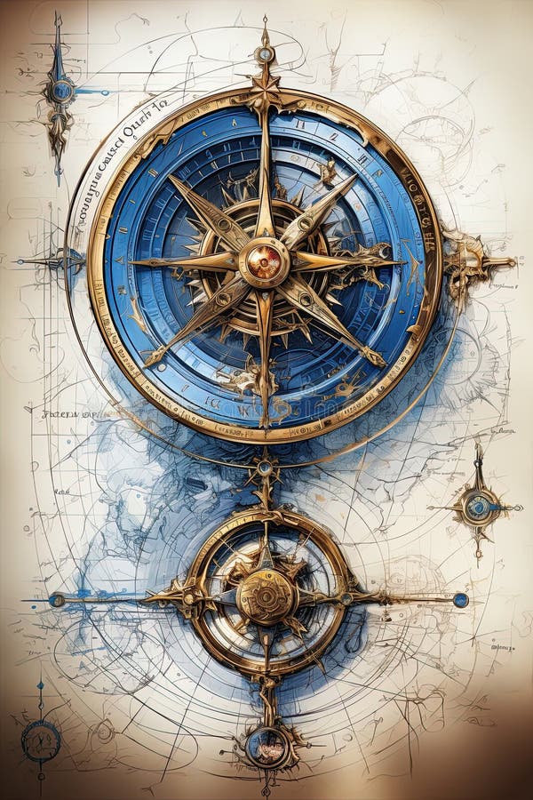 Nautcal Compass Blueprint, Sketch , Technical Drawing. Exploration and ...