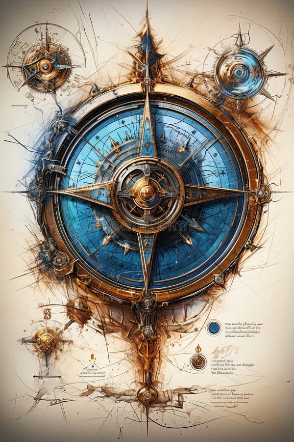 Nautcal Compass Blueprint, Sketch , Technical Drawing. Exploration and ...