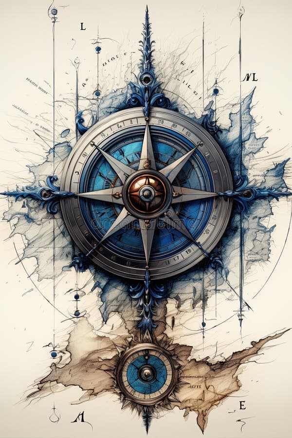 Nautcal Compass Blueprint, Sketch , Technical Drawing. Exploration and ...