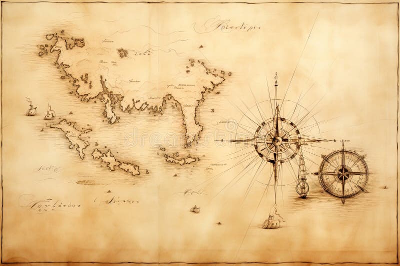 Nautcal Map with Compass Sketch Design. Exploration and Sailing Concept ...