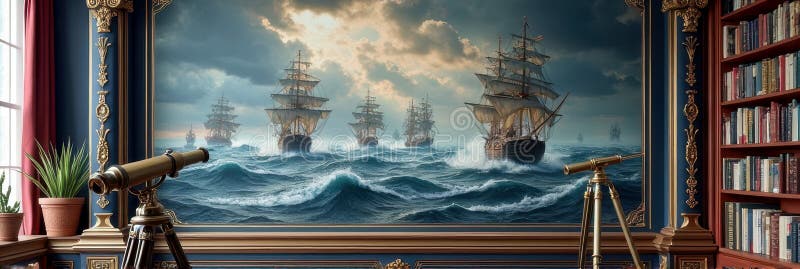 Nautical Adventure in Library with Classic Sailing Ships and Telescopes ...