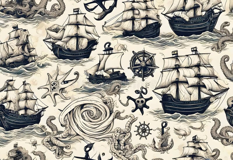 Nautical Adventure with Mythical Sea Creatures and Ships Stock ...