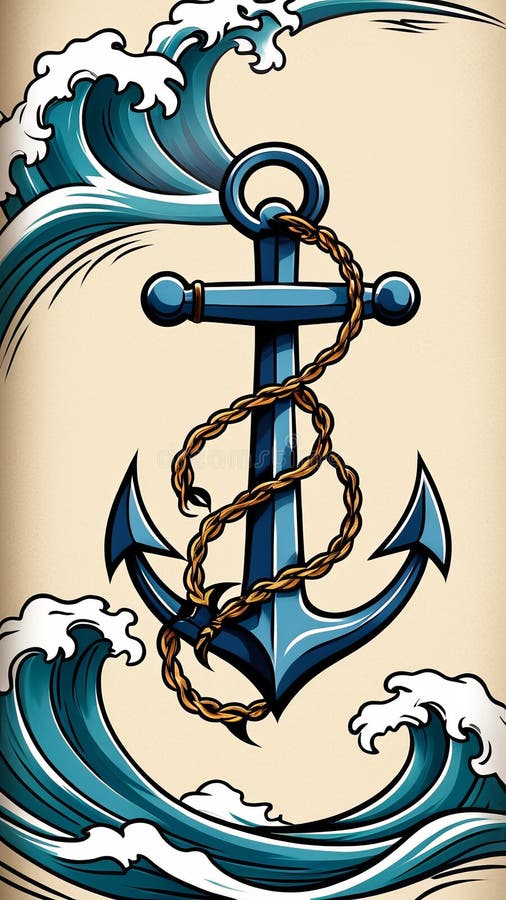 Nautical Anchor Art with Waves and Rope - Classic Tattoo Style Stock ...