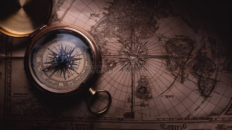 Nautical Banner with Compass and Map Stock Illustration - Illustration ...