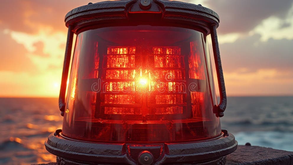 Nautical Beacon at Sunset by Ocean with Vibrant Orange Glow Stock Photo ...