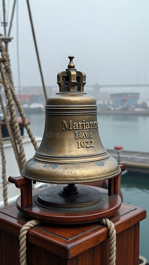Nautical Bell on Marianne S Dockside with Misty Harbor View Stock Image ...