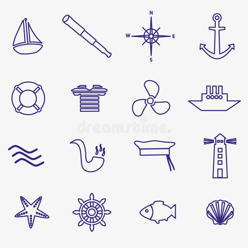 Nautical Blue Simple Outline Icons Set Stock Vector - Illustration of ...