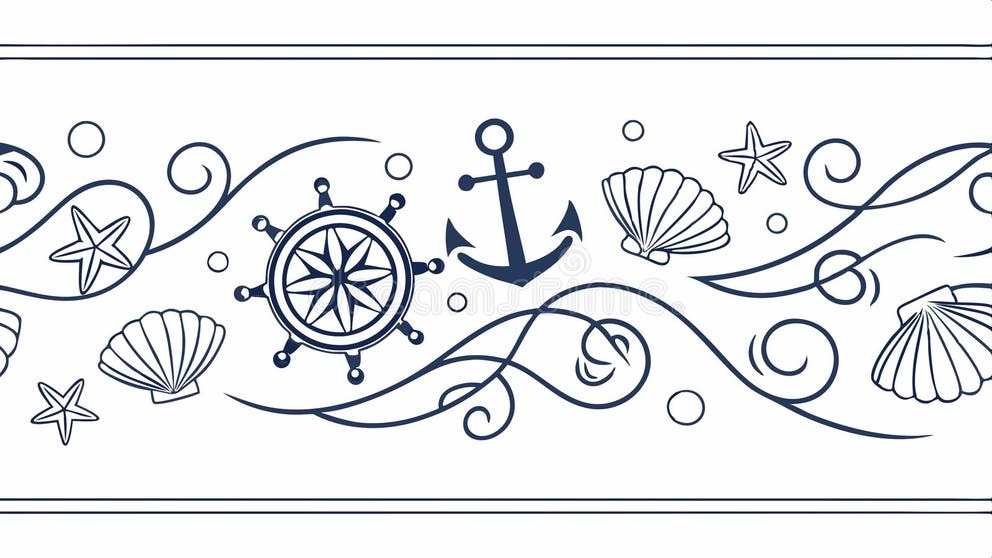 Nautical Border Design Element with Anchor and Shells for Sea Themes ...