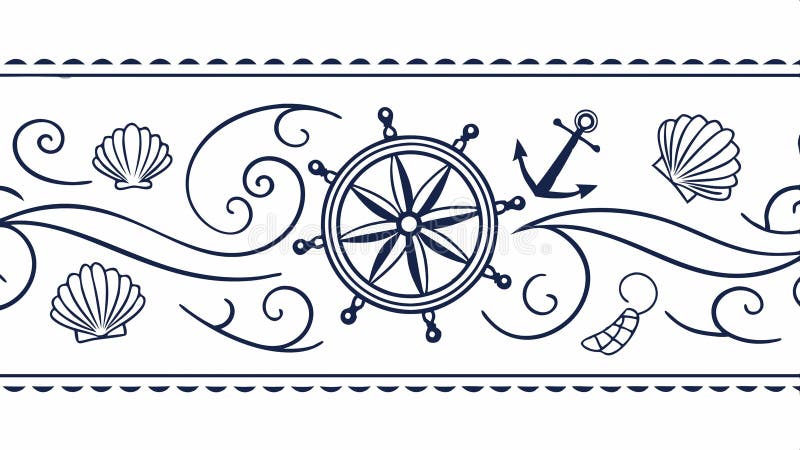 Nautical Border Design Element with Ship Wheel and Waves for Maritime ...