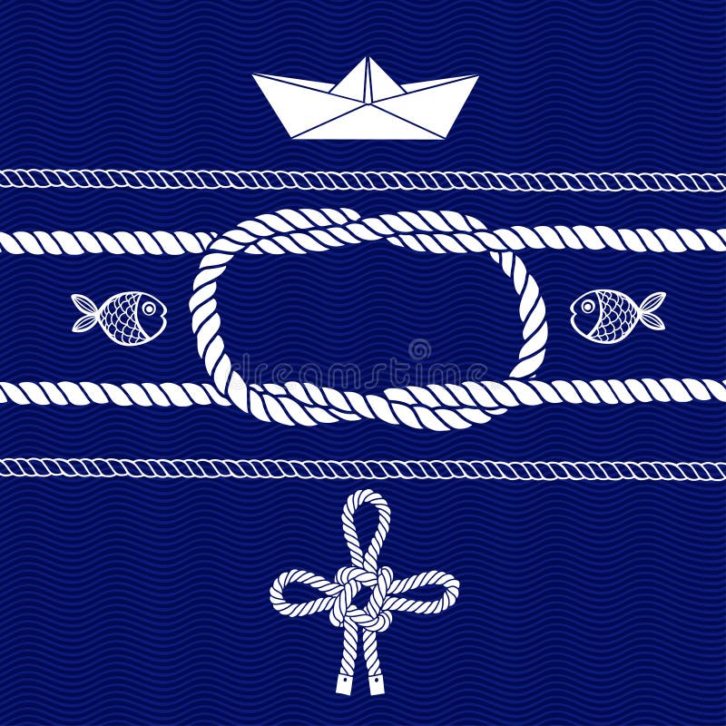 Nautical Card with Frame, Marine Knots, Ropes, Boat and Fish. Stock ...