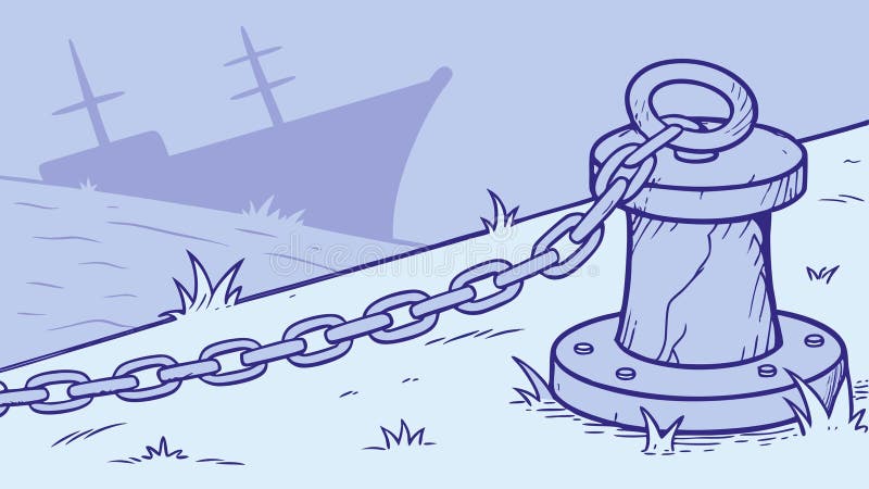 Nautical Chain Link Bollard on a Ship Dock with a Distant Shipwreck ...