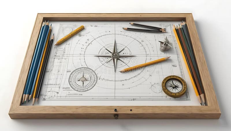 Nautical Chart with Compass, Pencils, and Drafting Tools in Wooden ...