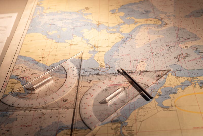 Sea Chart with Triangles and Pencil Stock Image - Image of determining ...