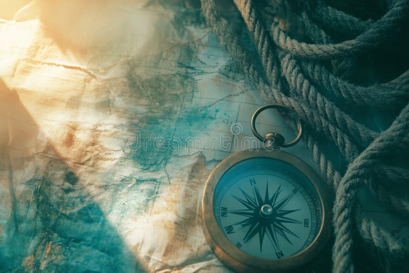 Nautical Compass Rests on a Weathered Map Surrounded by Ropes, Evoking ...