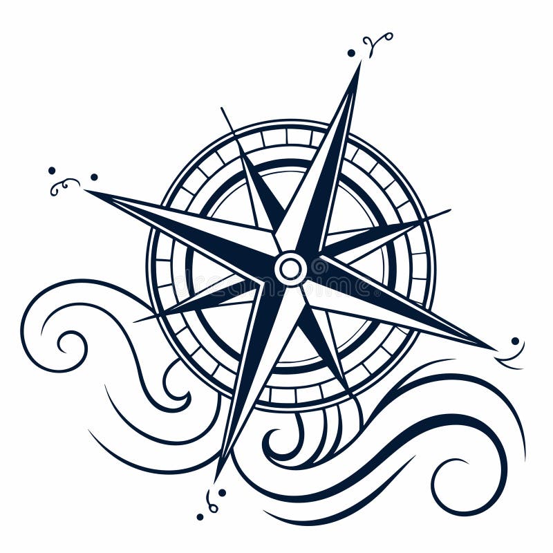 Nautical Compass Rose with Waves Silhouette Stock Vector - Illustration ...