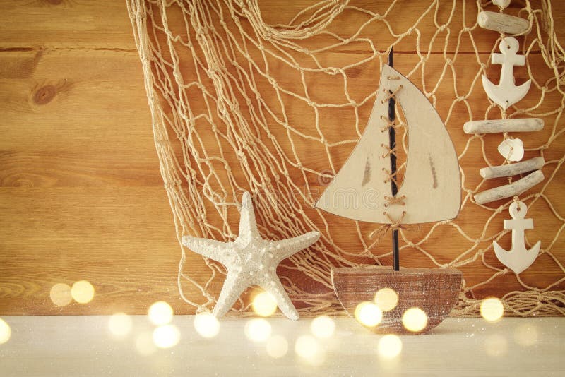 Nautical Concept with Sea Life Style Objects on Wooden Table Stock ...