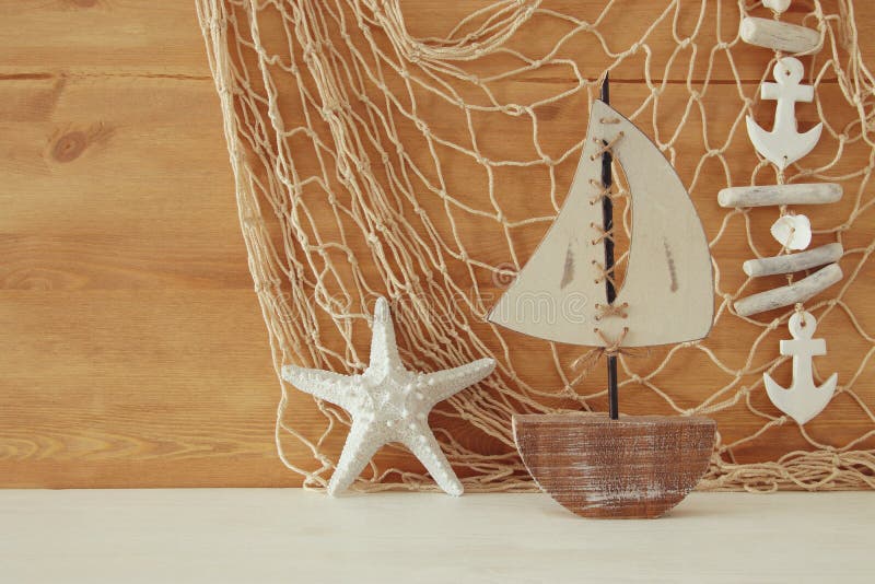 Nautical Concept with Sea Life Style Objects on Wooden Table. Stock ...