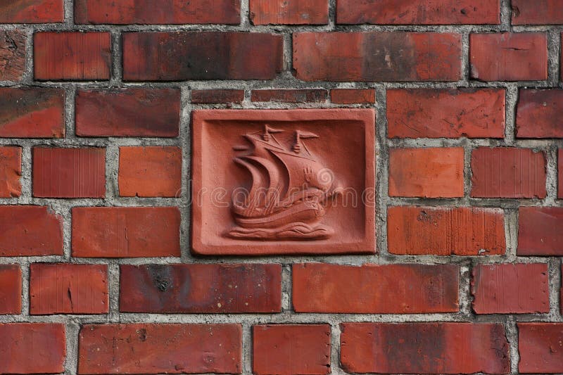 Nautical Decorative Medallion with Form of Frigate on a Brick Wall. Stock Photo - Image of ...