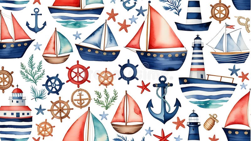Nautical Elements Patterns WATERCOLOE ILLUSTRATION Generative AI Stock Illustration ...