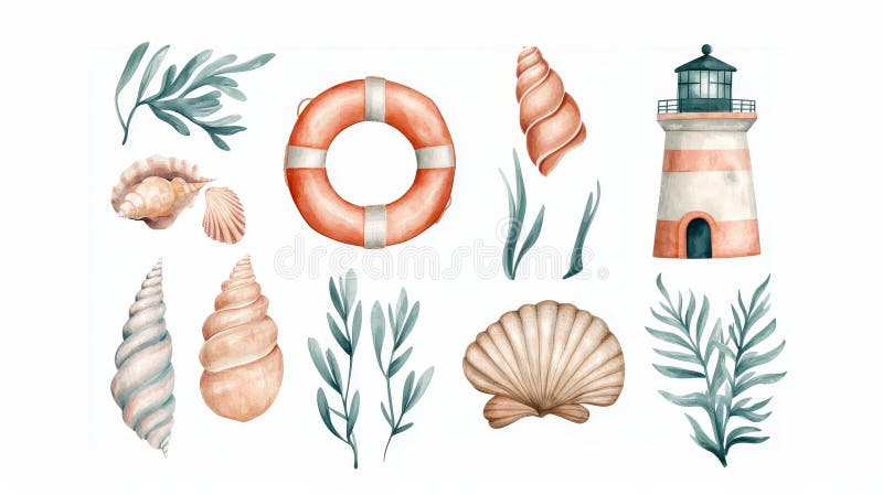Nautical Elements: Watercolor Seashells, Lighthouse, Lifebuoy, and ...