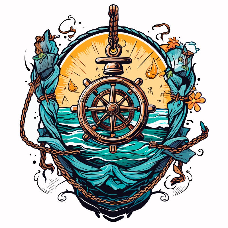 Nautical Emblem with Rudder and Nautical Navigation with Compass. Stock ...