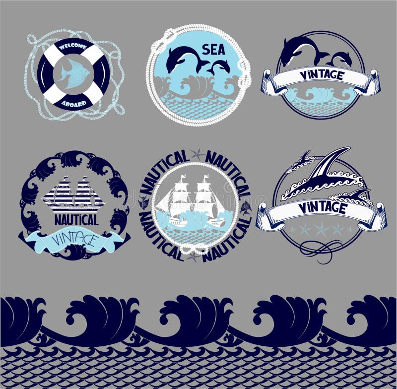 Nautical Emblems Set with Marine Object and Silhouettes. Stock Vector ...