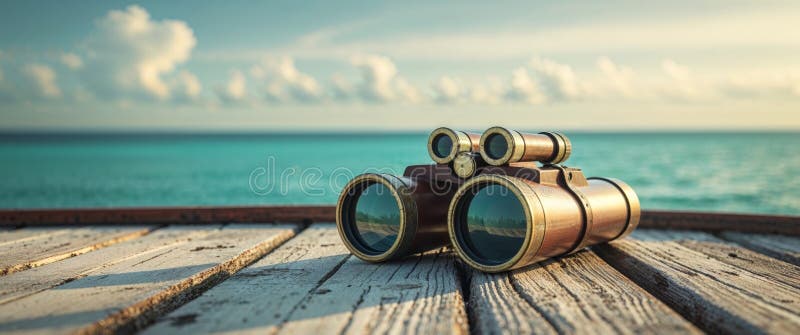 Nautical Exploration Concept with Binoculars on Wooden Deck by the Sea ...
