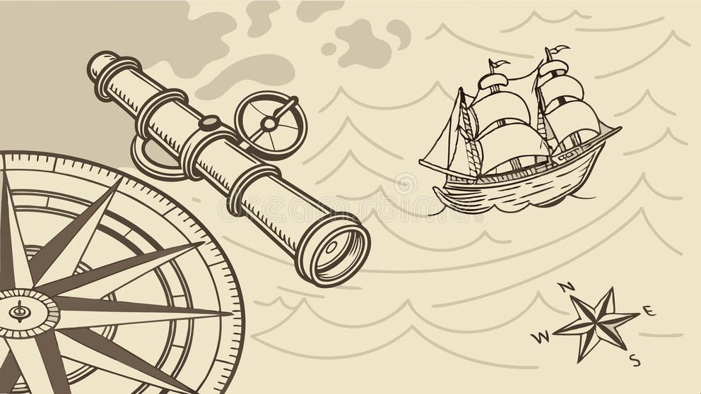 Nautical Exploration Tools, Telescope, Ship, Map and Compass Vector ...