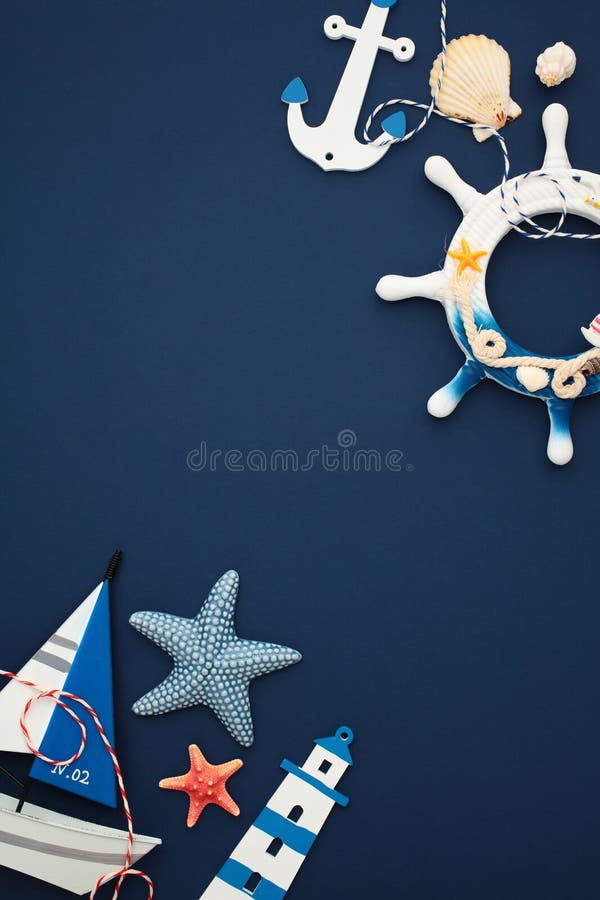 Nautical Flat Lay Composition with Anchor, Shells, Lighthouse, Starfish ...