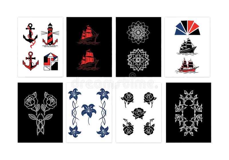 Nautical & Floral Tattoo Flash Designs Stock Vector - Illustration of ...