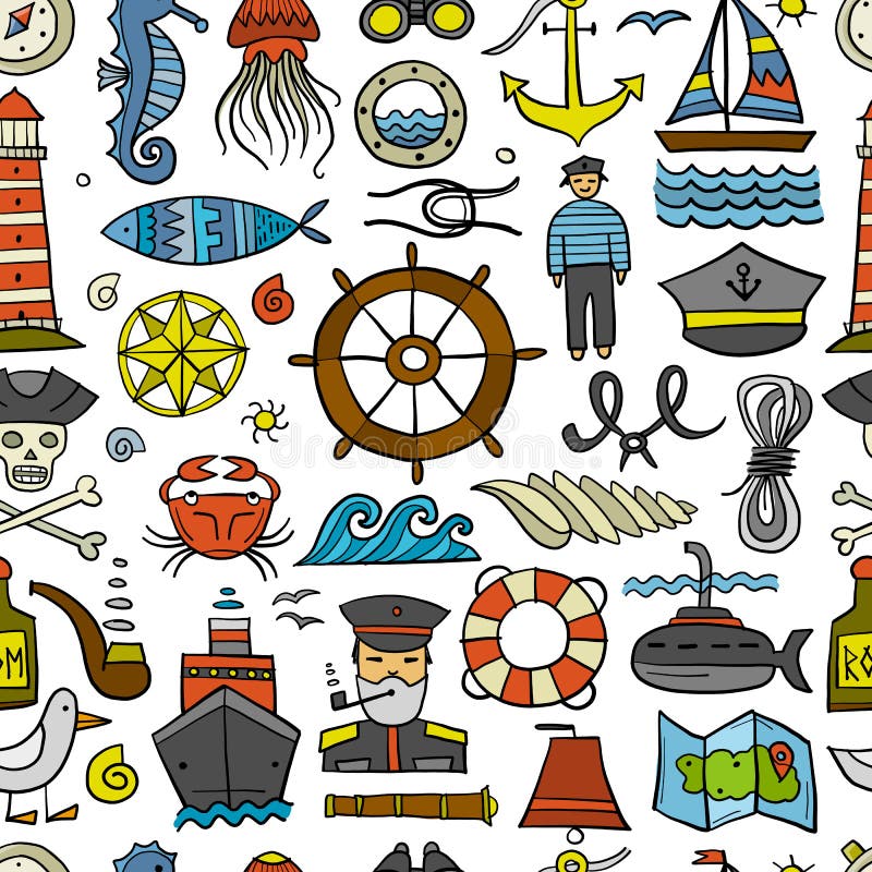 Nautical Icons of Navigator, Ship and Captain, Lighthouse and Sailor ...