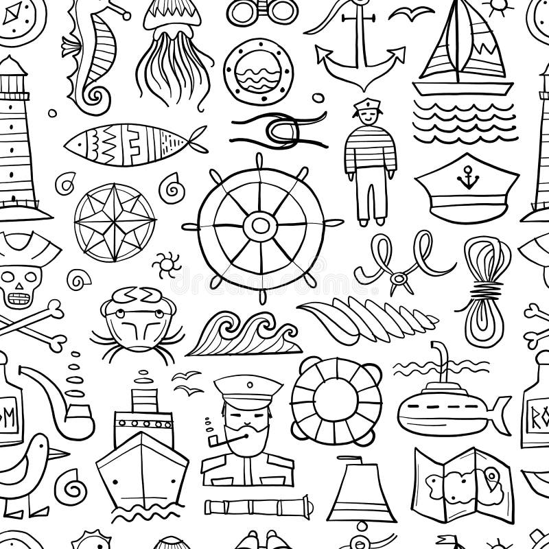 Nautical Icons of Navigator, Ship and Captain, Lighthouse and Sailor ...
