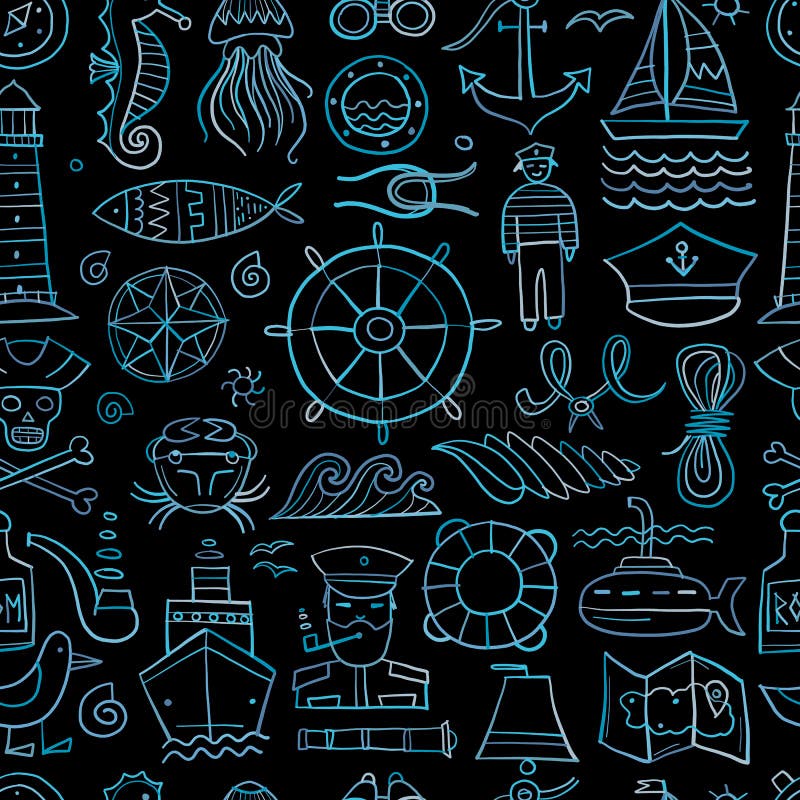 Nautical Icons of Navigator, Ship and Captain, Lighthouse and Sailor ...