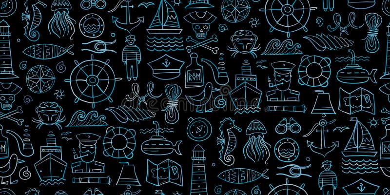 Nautical Icons of Navigator, Ship and Captain, Lighthouse and Sailor ...