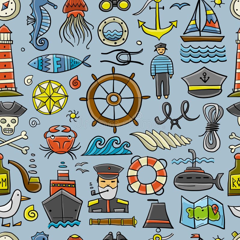 Nautical Icons of Navigator, Ship and Captain, Lighthouse and Sailor ...