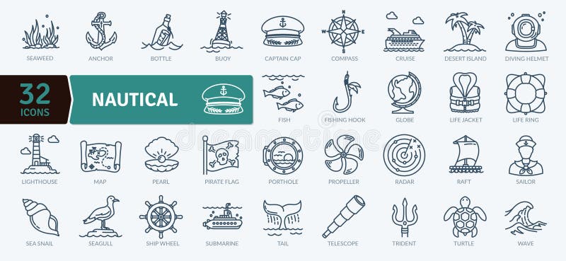 32 Nautical Icons Pack: Set Sail with Essential Marine Elements Stock ...