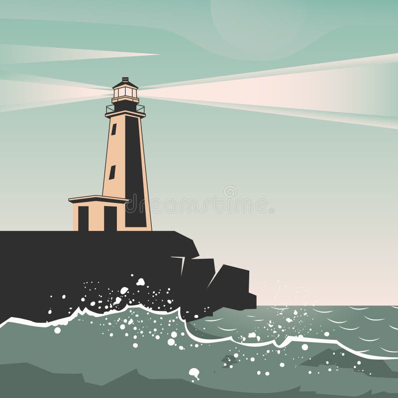 Old Lighthouse Guiding the Way in Ocean Storm Stock Illustration ...