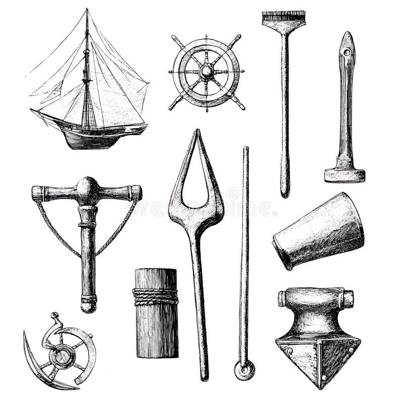 Nautical Illustration Ship, Wheel, Tools, Anchor Stock Illustration ...