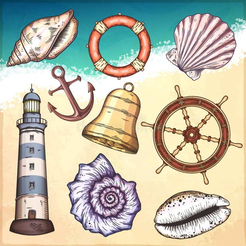 Nautical Illustrations Set. Stock Vector - Illustration of bell, oyster ...