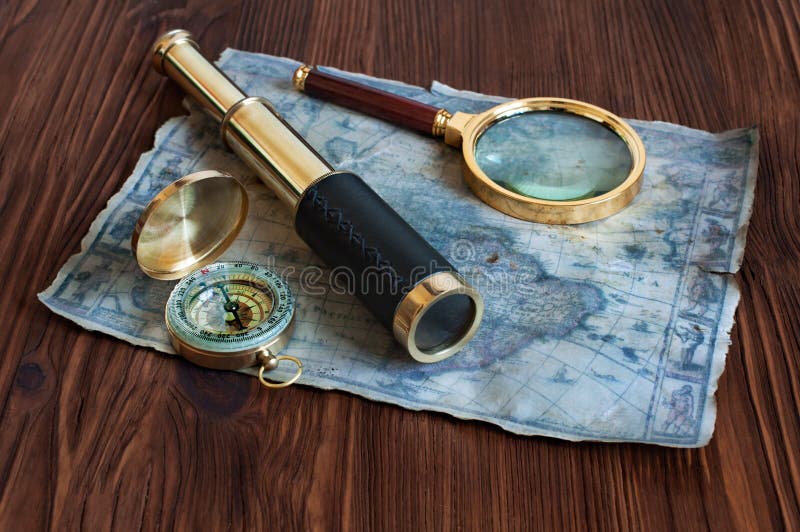 Nautical Instruments on a Wooden Table Stock Photo - Image of compass ...