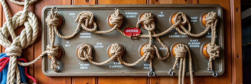 Nautical Knot Display Board on Wooden Wall with Coiled Ropes and Labels ...