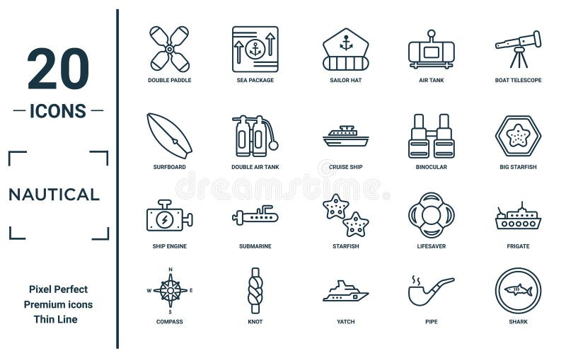 Nautical Linear Icon Set. Includes Thin Line Double Paddle, Surfboard ... Nautical Linear Icon Set. Includes Thin Line Double Paddle, Surfboard ...
