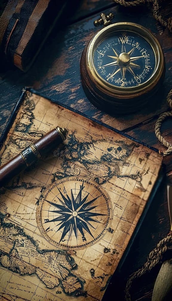 Nautical Map, Compas, Book on the Vintage Desk. Ai Generative Stock ...