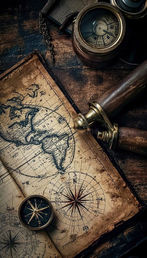 Nautical Map, Compas, Book on the Vintage Desk. Ai Generative Stock ...